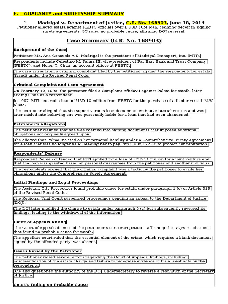 E. GUARANTY and SURETYSHIP - SUMMARY | PDF | Guarantee | Surety