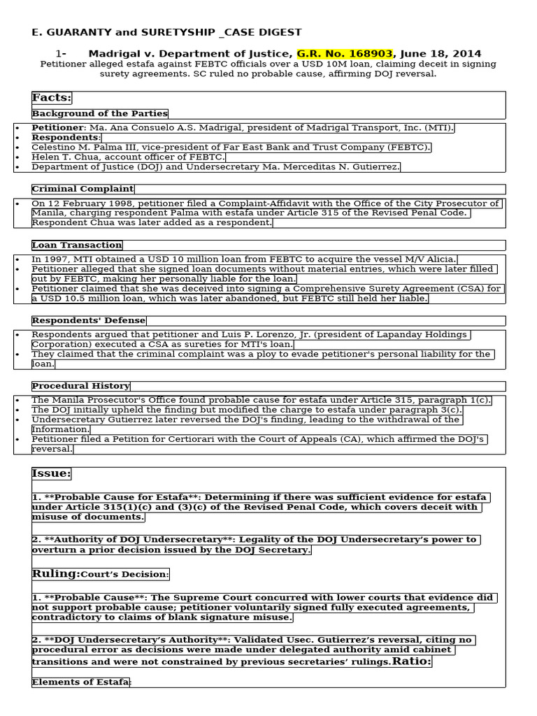 Estafa Case Digest: Madrigal v. DOJ | PDF | Guarantee | Surety