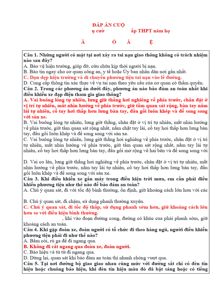 Đáp Án Cu C Thi Atgt 2024 2025 | PDF