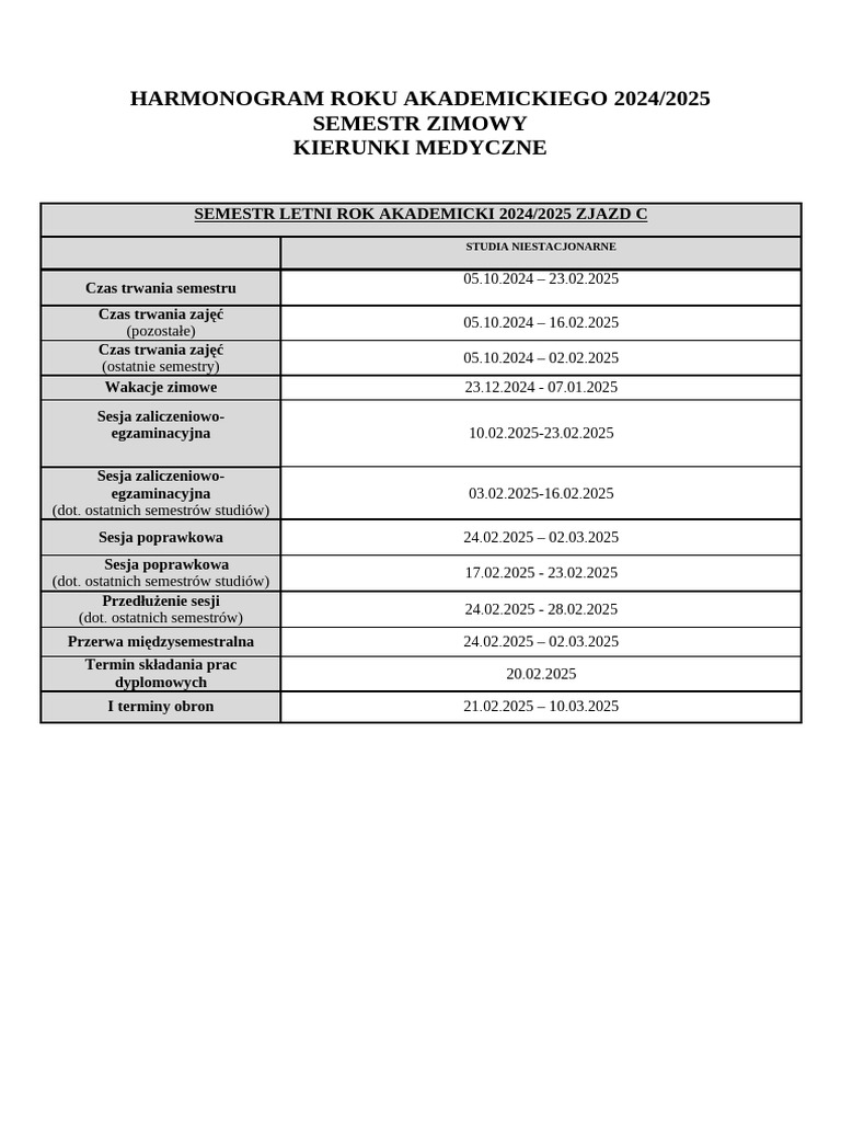 Harmonogram Roku Akademickiego Zima 2024 2025 Zjazd C Kierunki Medyczne ...