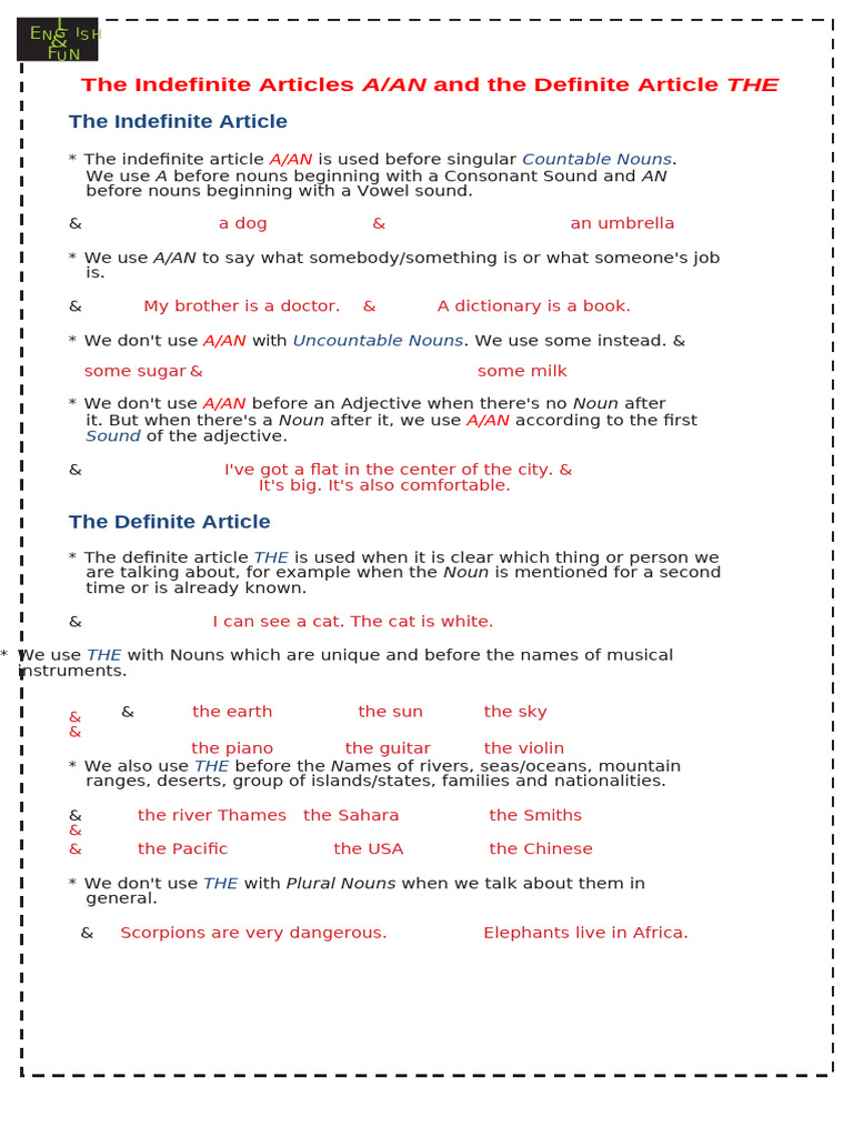 ARTICLES - Indefinite and Definite | PDF | Noun | Adjective