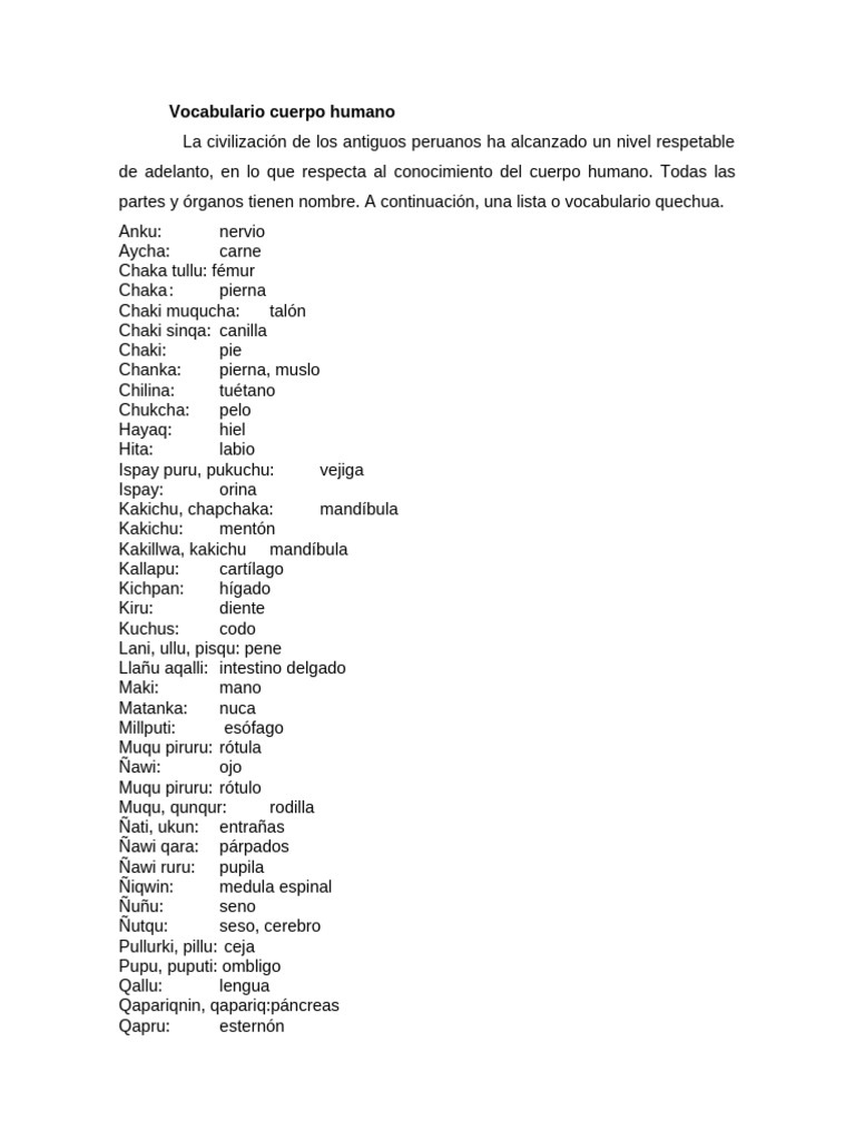 Vocabulario Cuerpo Humano Separata 2025-I | PDF | Anatomía humana ...