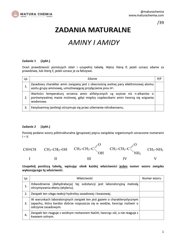 ZADANIA MATURALNE Aminy Amidy | PDF