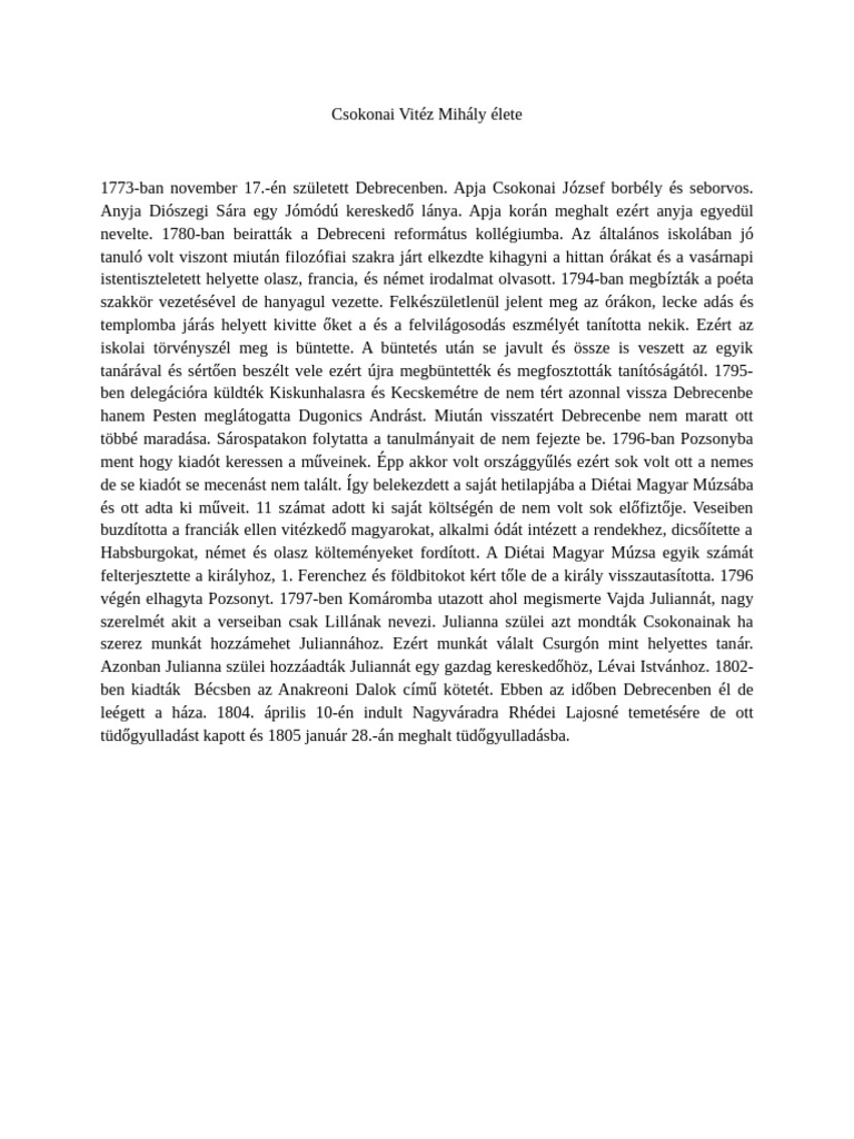 Csokonai Vitéz Mihály Élete | PDF