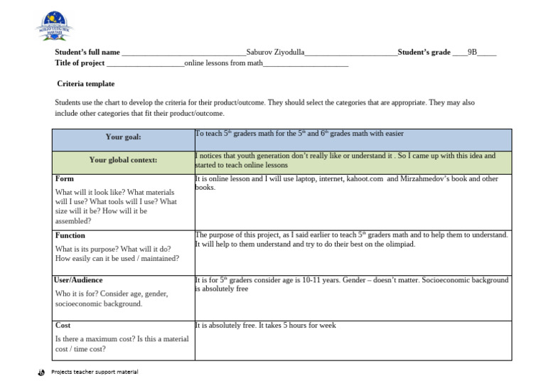 IB Personal Project Report Saburov Ziyodullo | PDF