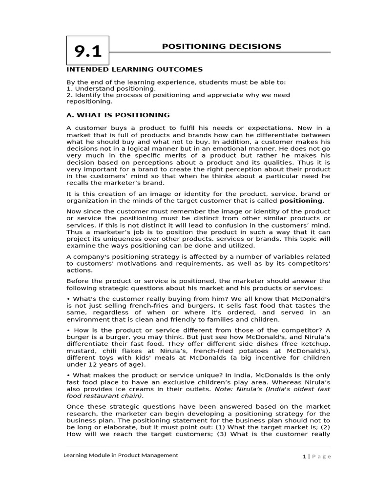 CHAPTER 9.1 Positioning Decisions | PDF | Brand | Marketing
