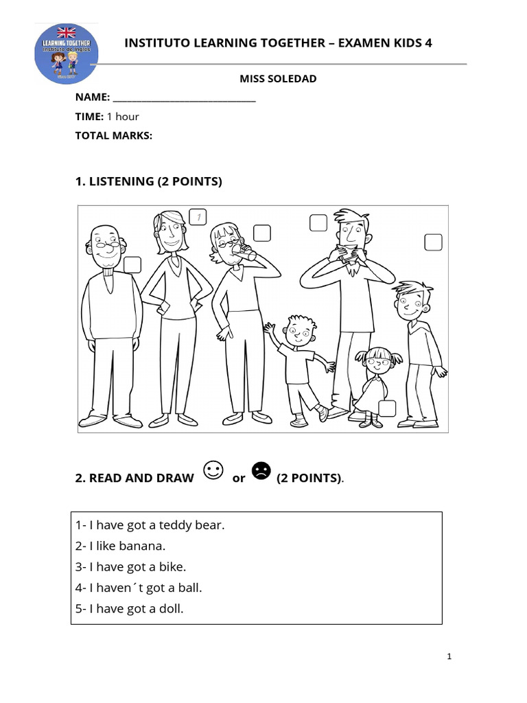 Kids English Exam: Listening & Grammar | PDF
