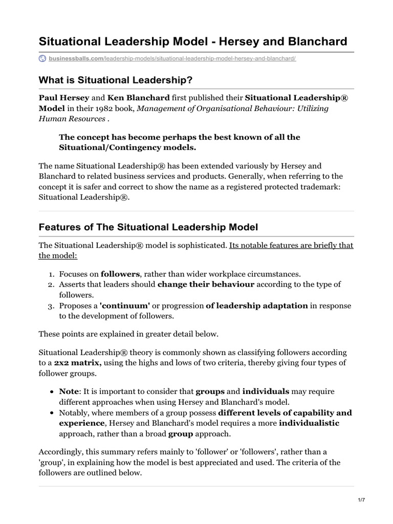 Situational Leadership Model Overview | PDF | Leadership | Social ...