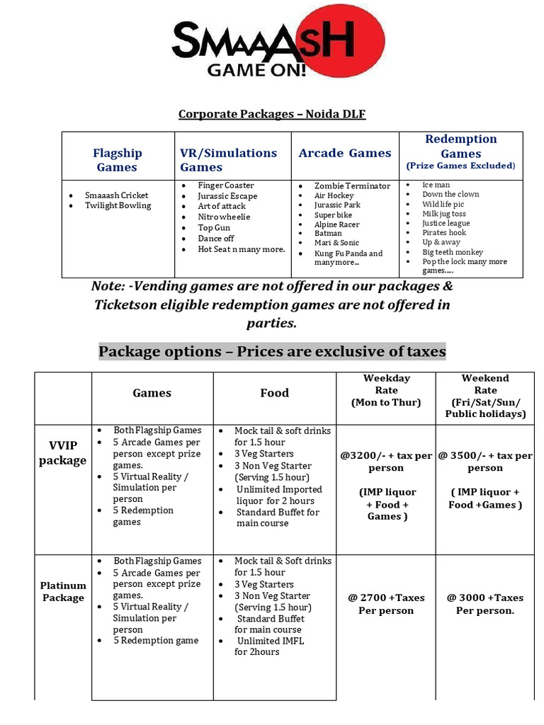 Smaaash - Noida Corporate Packages | PDF | Credit Card | Foods
