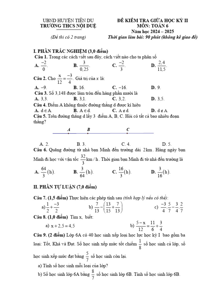 De Giua Hoc Ky 2 Toan 6 Nam 2024 2025 Truong Thcs Noi Due Bac Ninh Trang | PDF