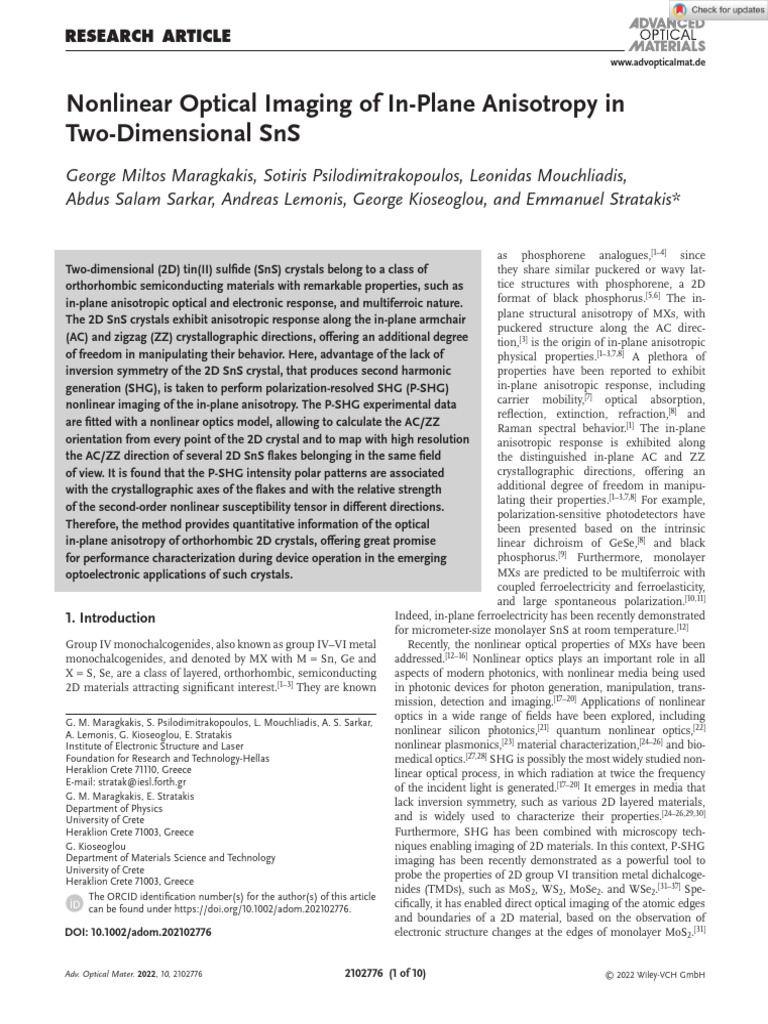 Advanced Optical Materials - 2022 - Maragkakis - Nonlinear Optical Imaging of in‐Plane ...