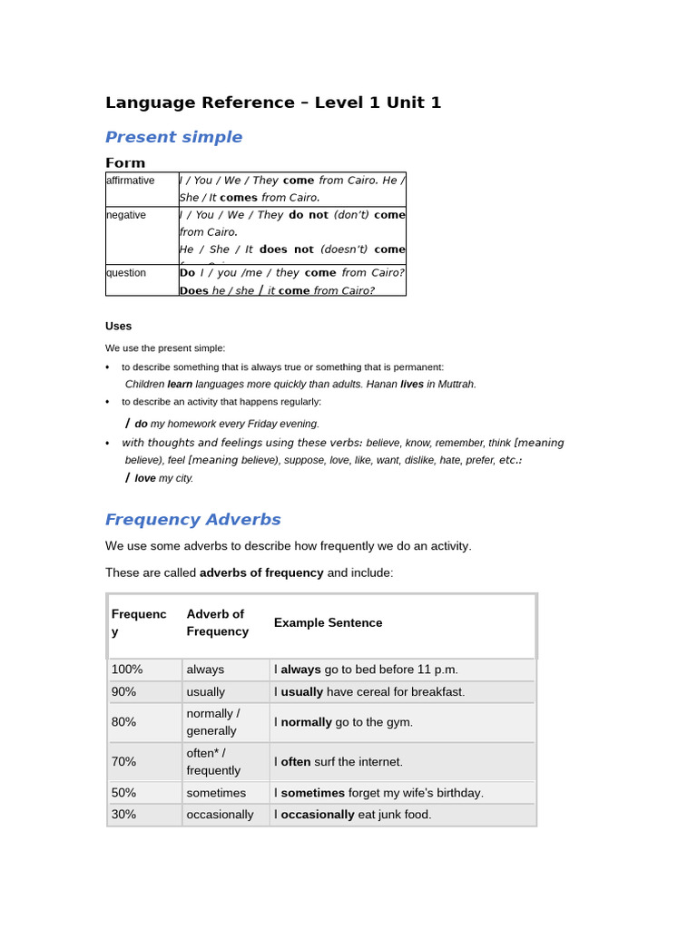 Unit 1 Language Reference | PDF | Plural | Grammar