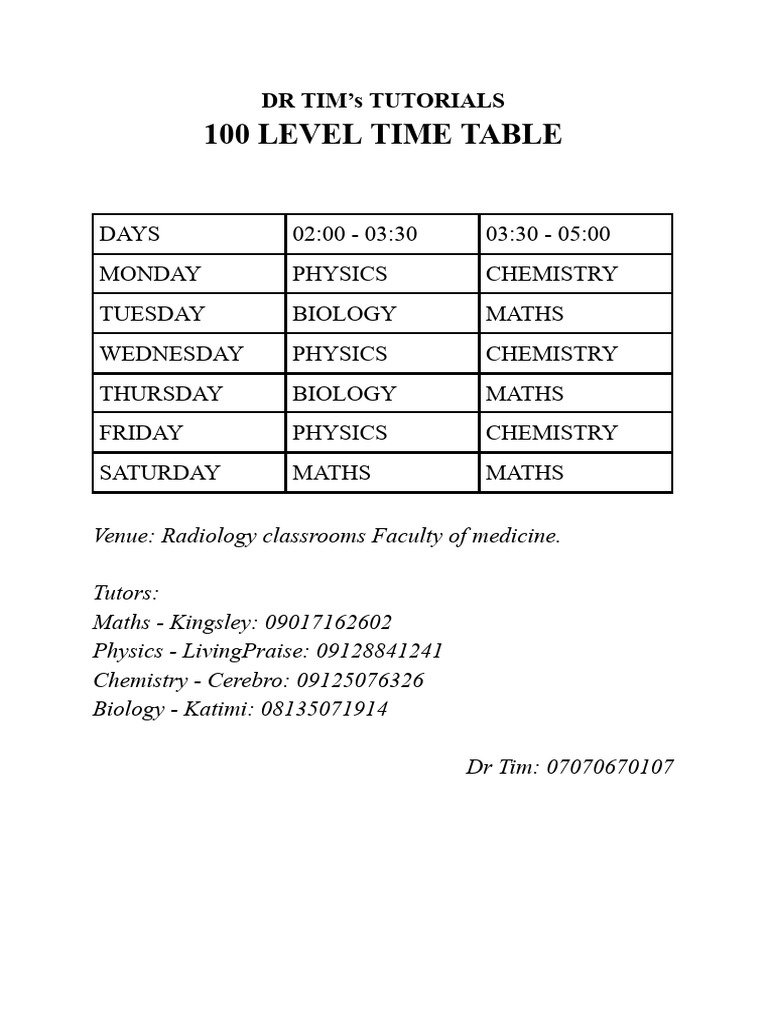 100L Timetable - DR Tim's Tutorials | PDF