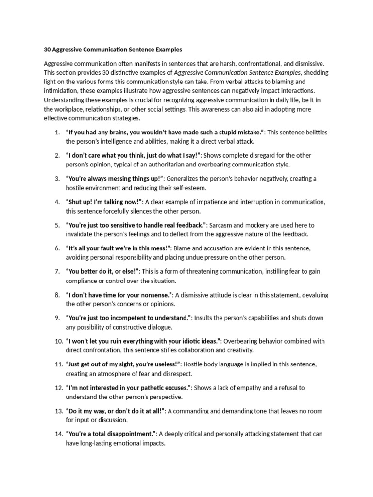 30 Aggressive Communication Sentence Examples | PDF | Communication ...