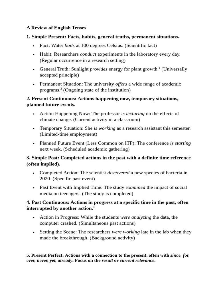 A Review of English Tenses | PDF | Perfect (Grammar) | Grammatical Tense