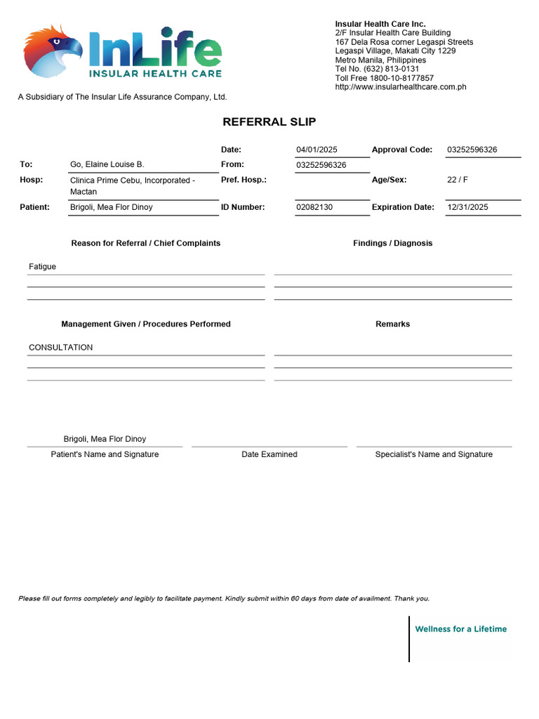 03252596326 - LOA Referral Slip | PDF