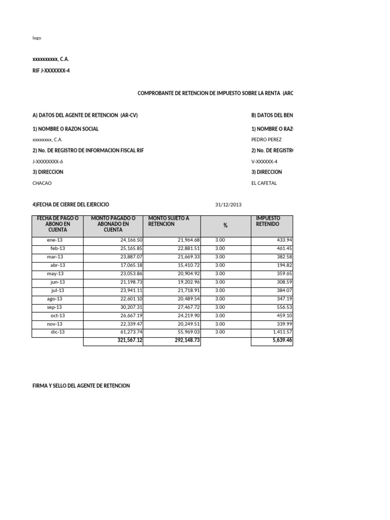 Modelo Comprobante REt ISLR Mensual y Anual ARC | PDF | Finanzas del ...