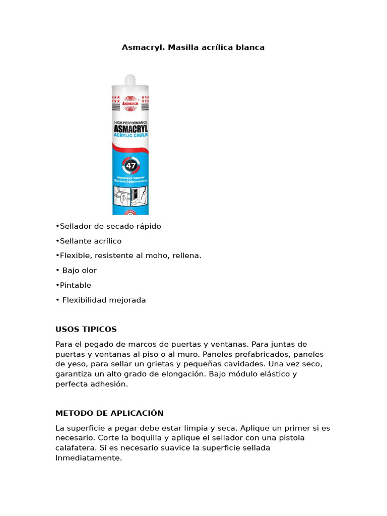 Masilla Acrílica Asmacryl: Usos y Aplicación | PDF