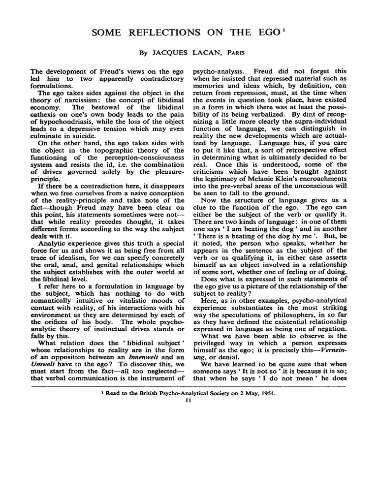 Lacan_Some Reflections on the Ego | PDF | Psychoanalysis | Sigmund Freud
