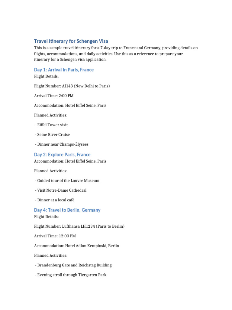 Sample Travel Itinerary Schengen Visa | PDF