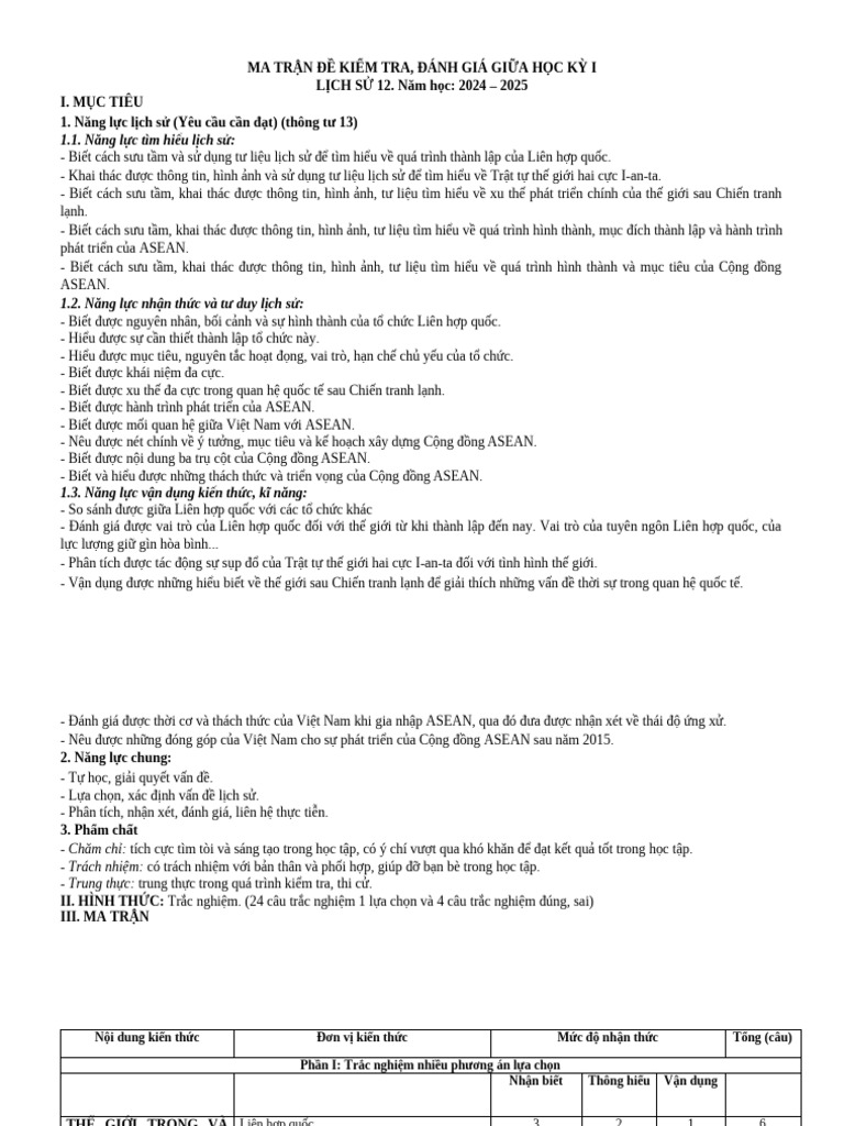 Ma Tran de Giữa Kì 1. k12. Tuyền | PDF