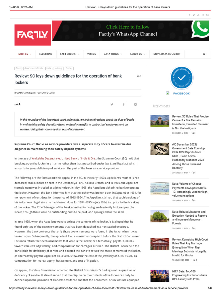 Review - SC Lays Down Guidelines For The Operation of Bank Lockers ...