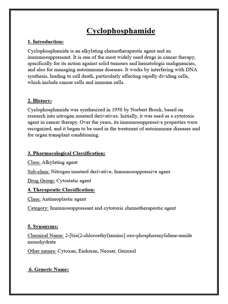 Cyclophosphamide Overview and Uses | PDF | Chemotherapy | Medical ...