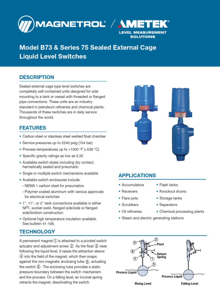 Sealed External Cage Level Switches | PDF | Switch | Pipe (Fluid ...