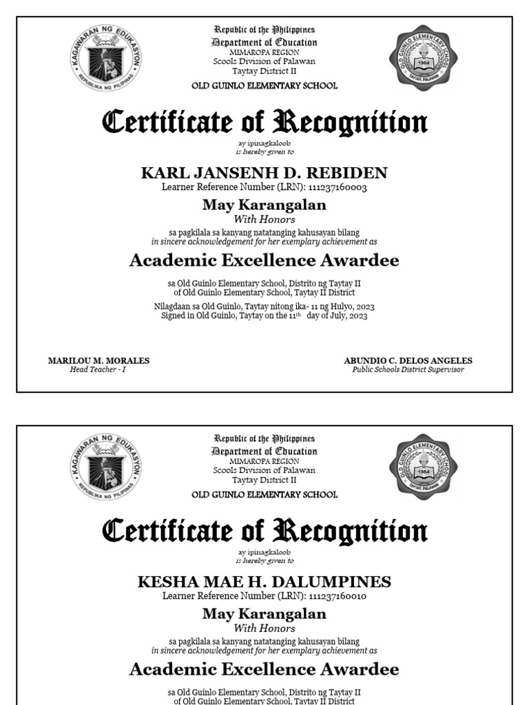 Academic Excellence Award Certificates | PDF | Philippines
