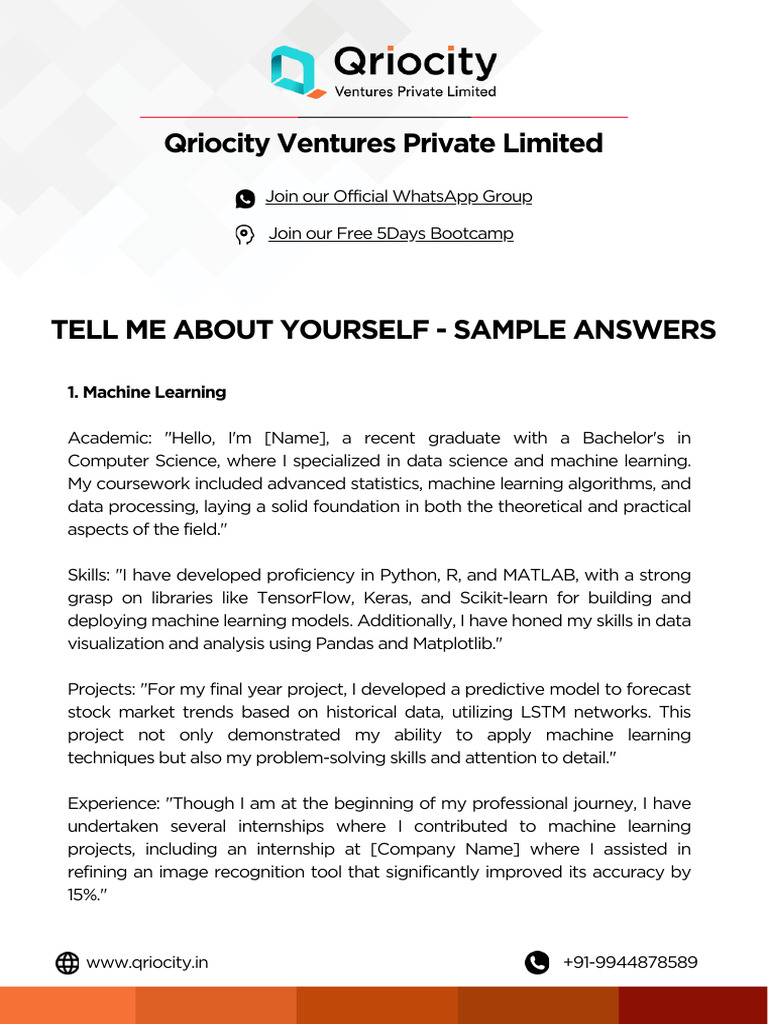 TELL ME ABOUT YOURSELF - SAMPLE ANSWERS | PDF | Machine Learning ...