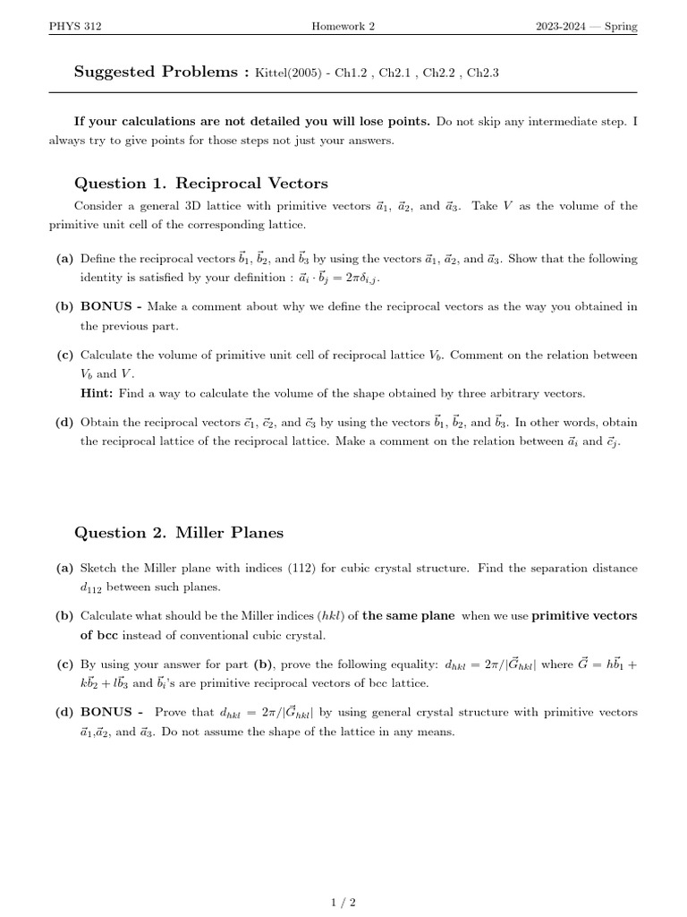 ElementaryCondensedMatter HW2 | PDF | Applied And Interdisciplinary Physics | Euclid