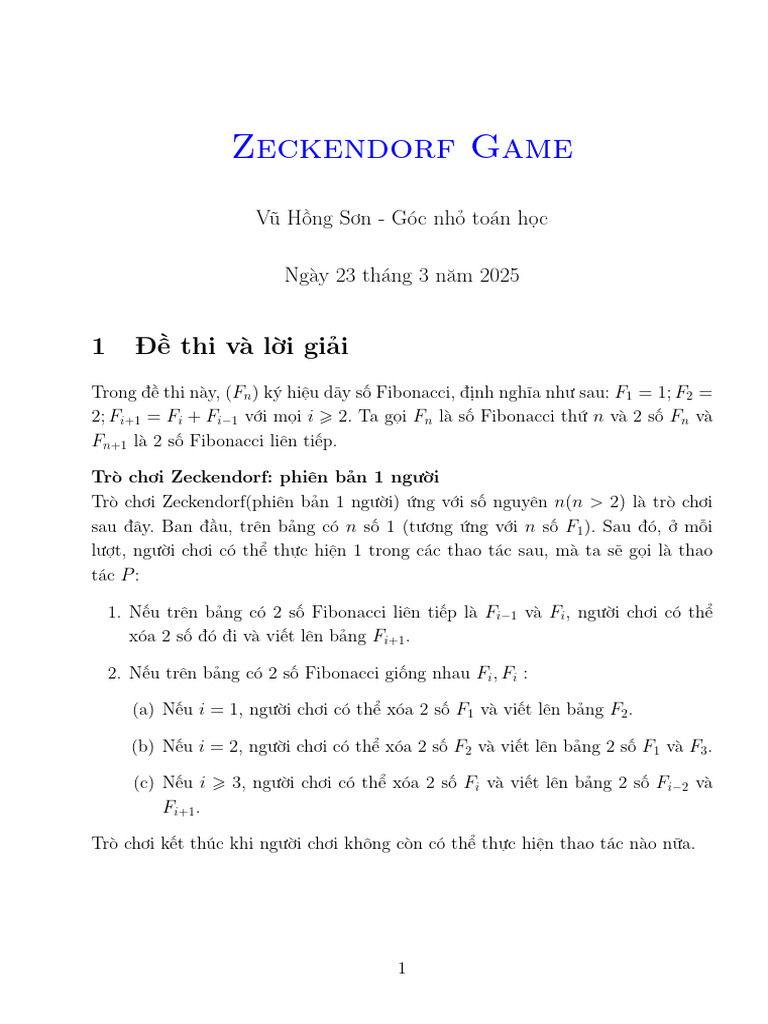Zeckendorf Game | PDF
