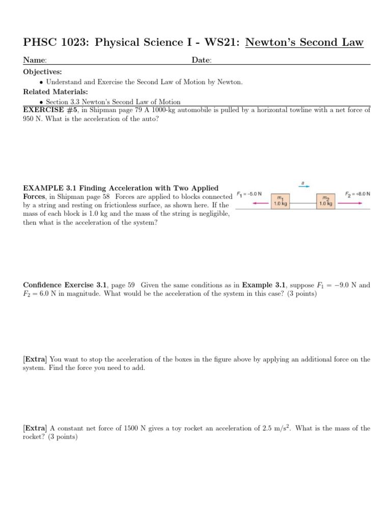 Newton's Second Law Exercises and Examples | PDF