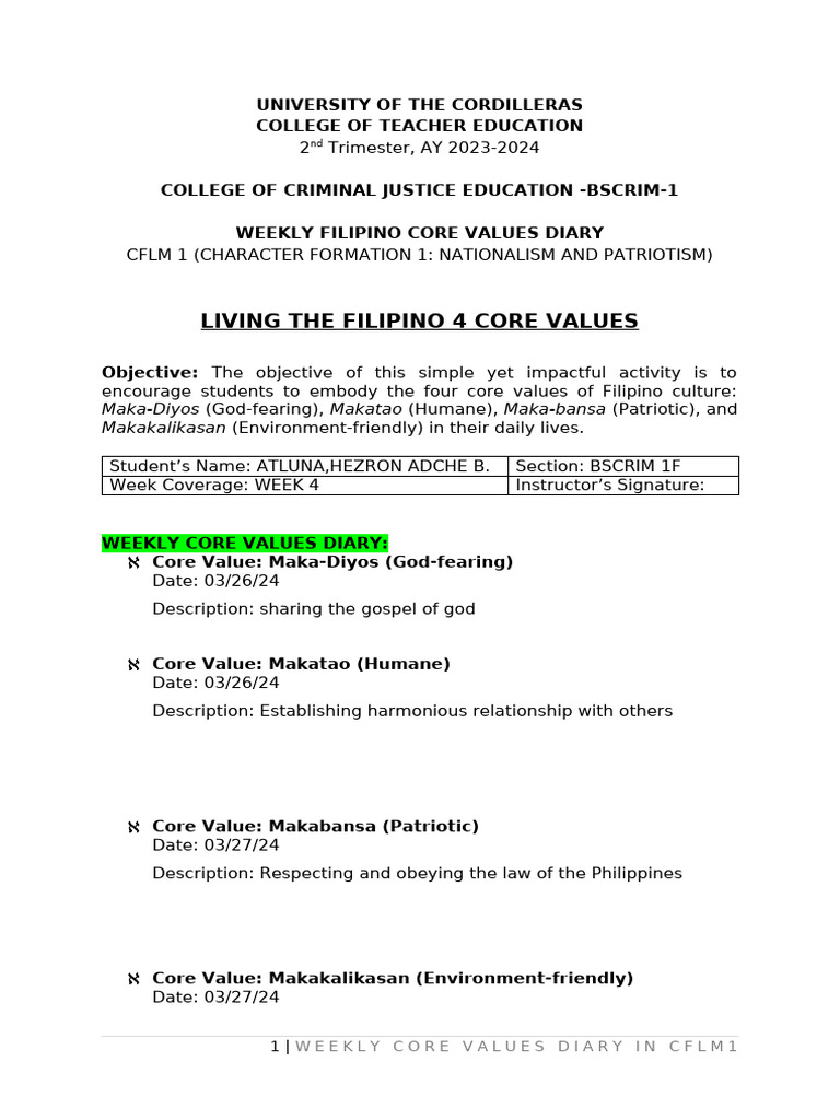 CFLM 1 Weekly Core Values Diary 4 | PDF
