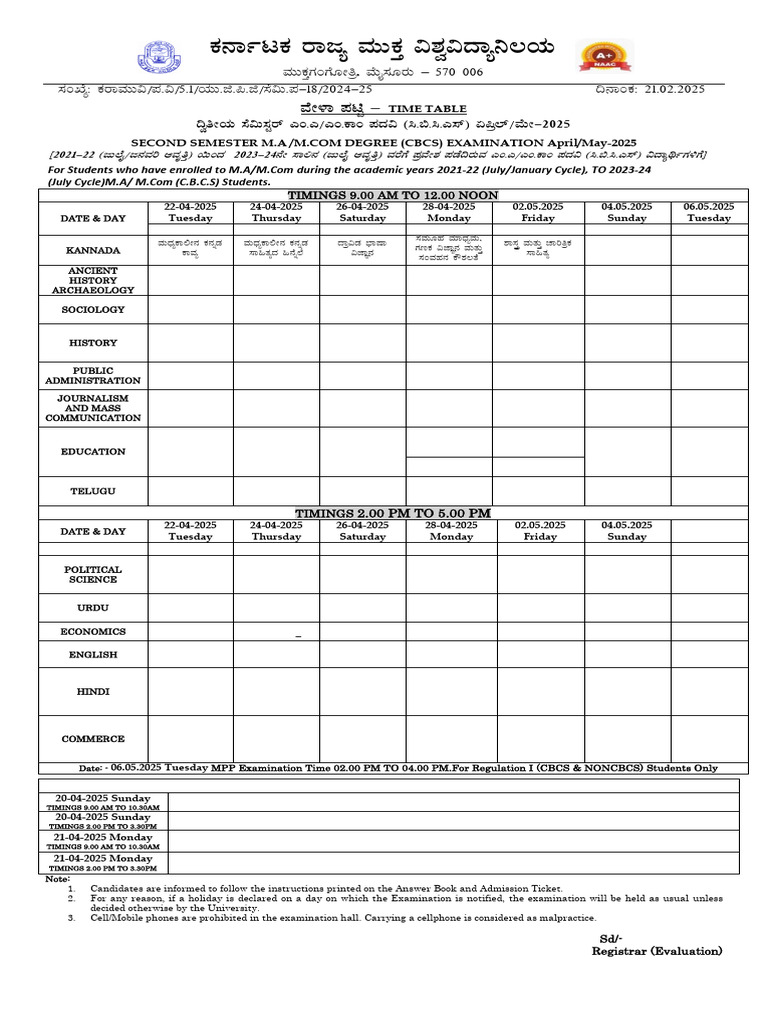 2nd 4th Sem Cbcs Time Table Aprial 2025 Examination | PDF | Science | Mathematical Analysis
