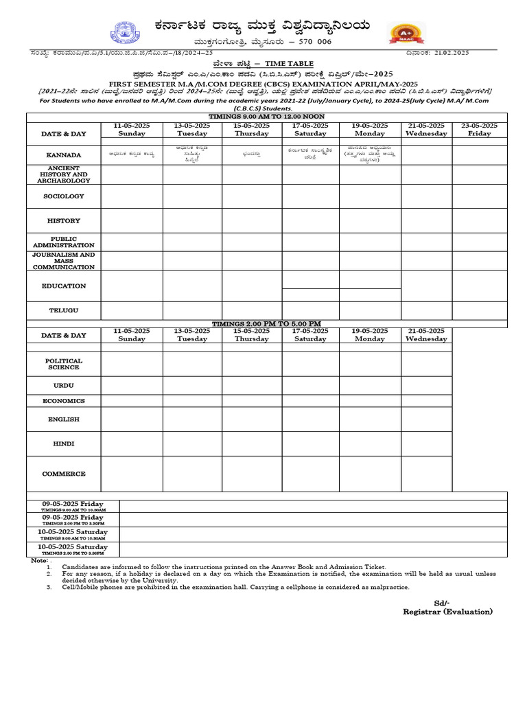 1st 3rd Sem Cbcs Time Table April 2025 Examination 1 | PDF | Biology | Science