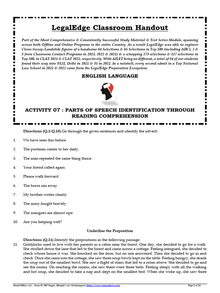 Parts of Speech Identification Activity | PDF | Verb | Adverb