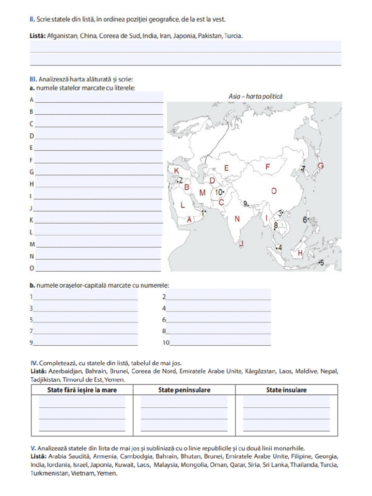 Fisa de Lucru Tari Asia | PDF