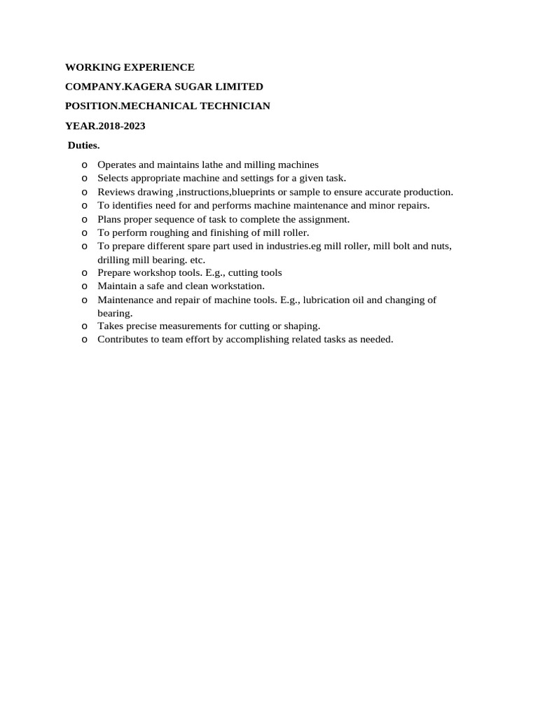 Mechanical Technician Experience at Kagera Sugar | PDF