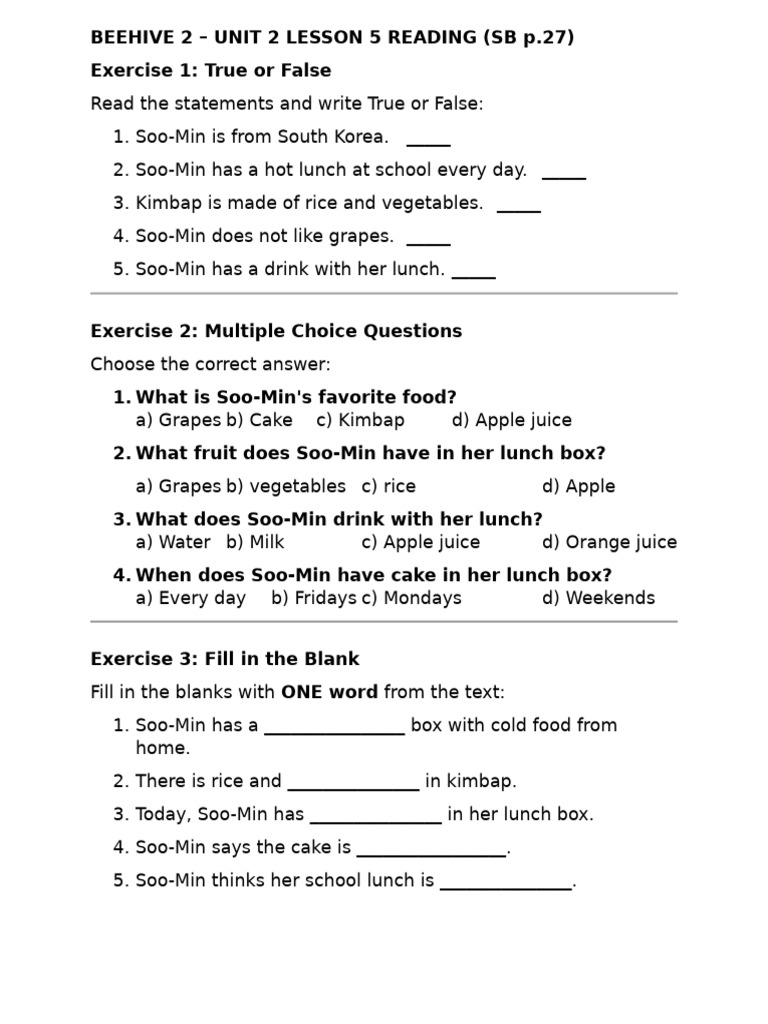 U2 L5 Reading Tasks and Writing | PDF | Lunch | Juice