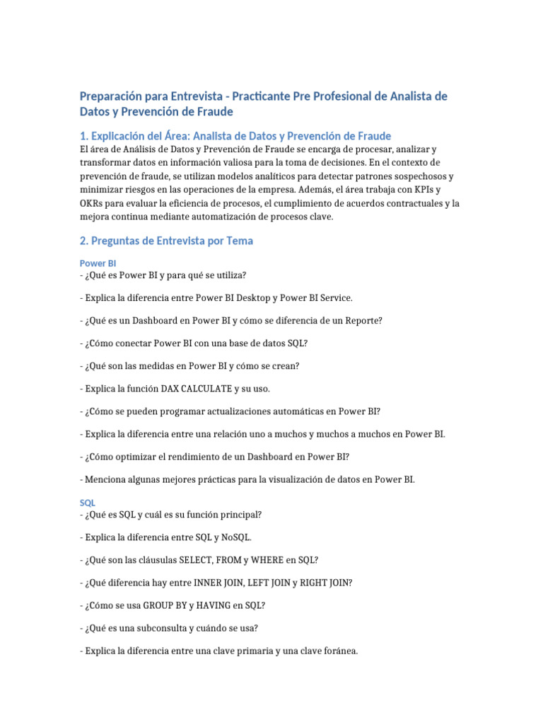 Guía de Entrevista: Analista de Datos y Fraude | PDF | Indicador de ...