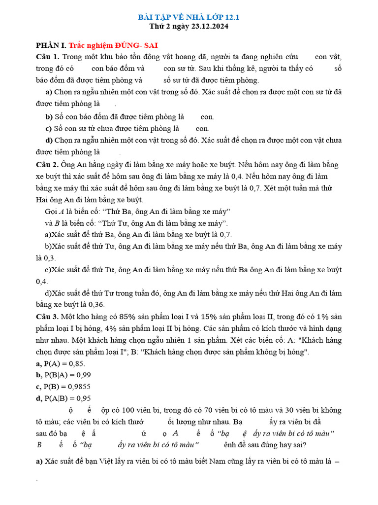 12.1 BTVN Xác suất điều kiện B2 23.12.2024 | PDF
