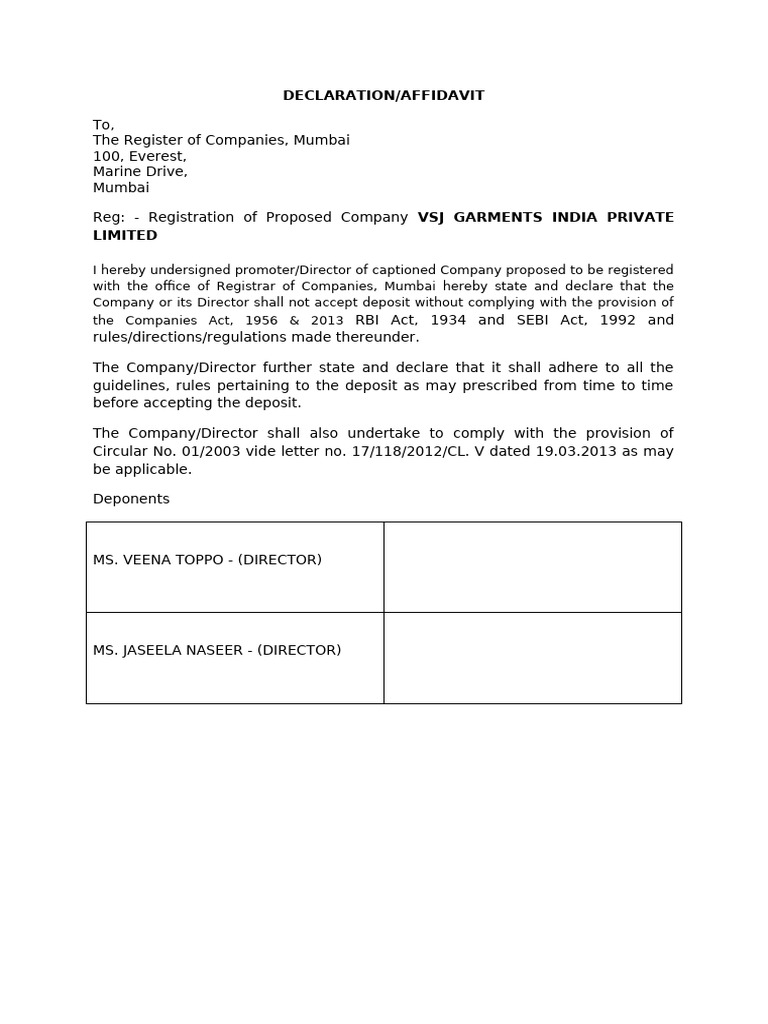 Company Deposit Compliance Declaration | PDF