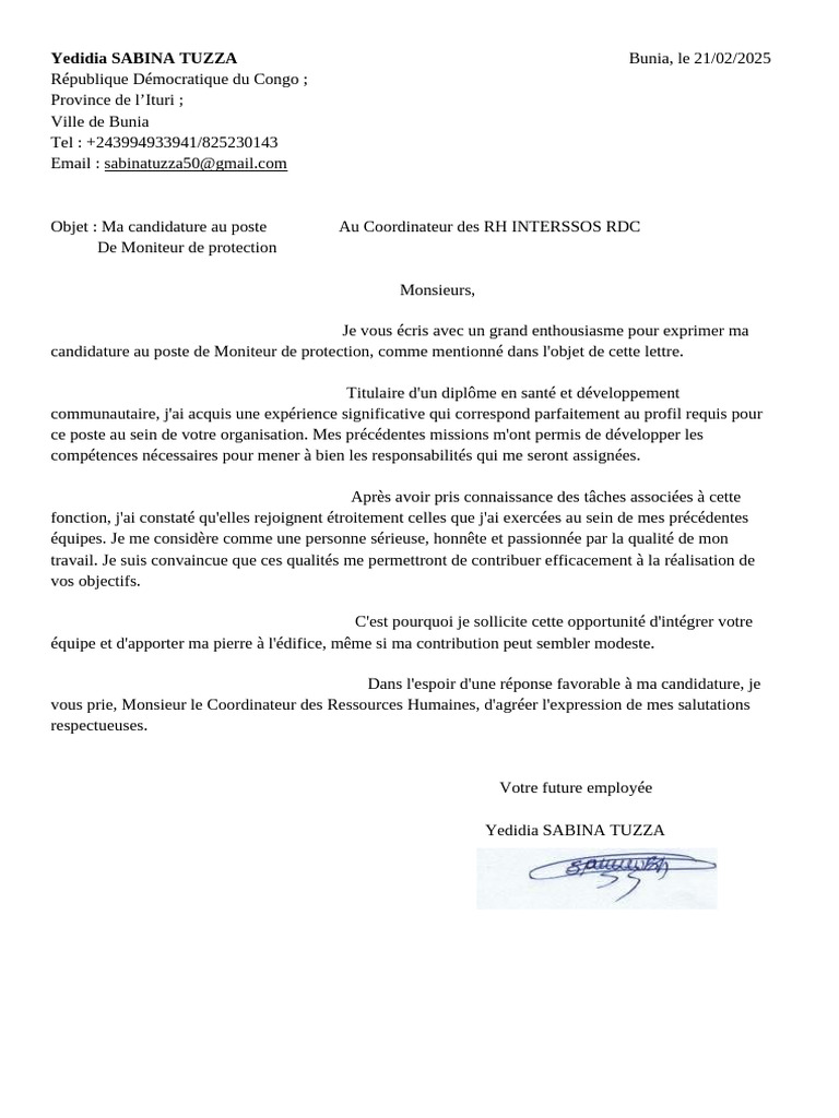 Candidature de Sabina Tuzza au poste de Moniteur | PDF | Business