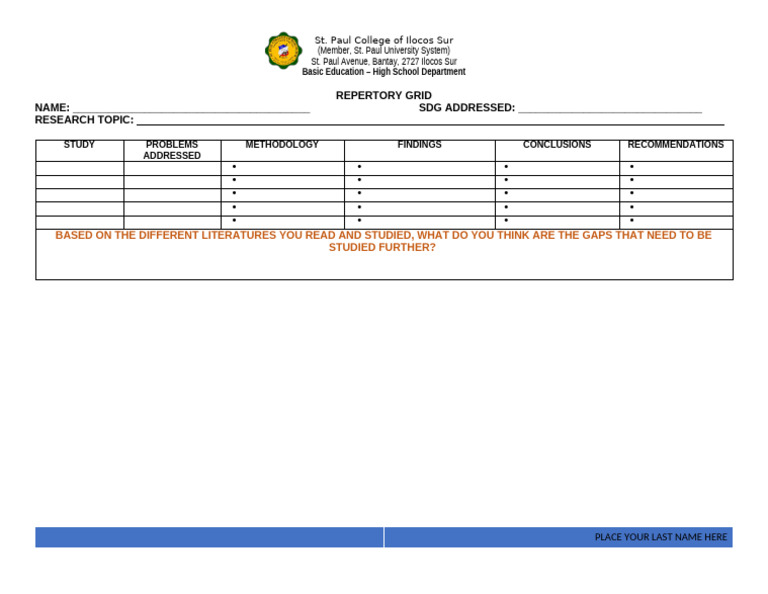 Repertory Grid Template For Systematic Review of Literature | PDF
