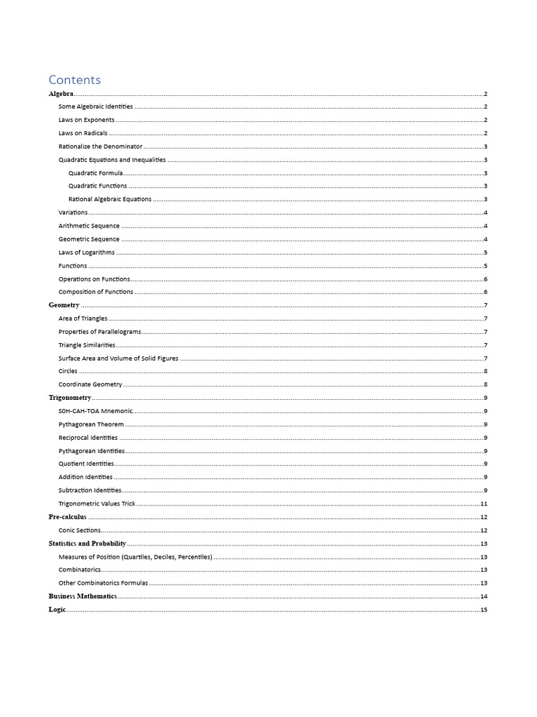 JHS & SHS Math Cheat Sheet | PDF | Equations | Quadratic Equation