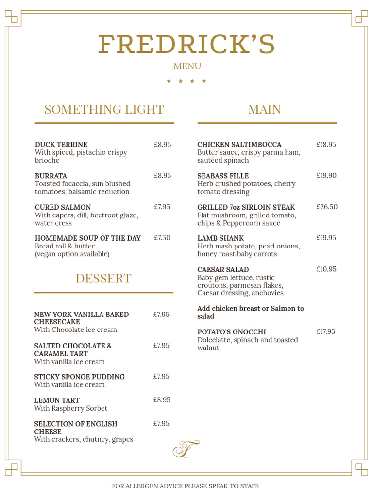 Fredricks Menu 2021 | PDF