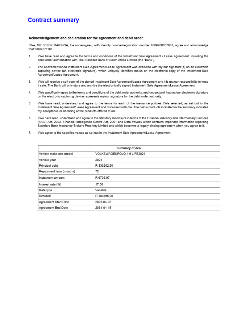 Instalment Sale Agreement Summary | PDF | Banks | Lease