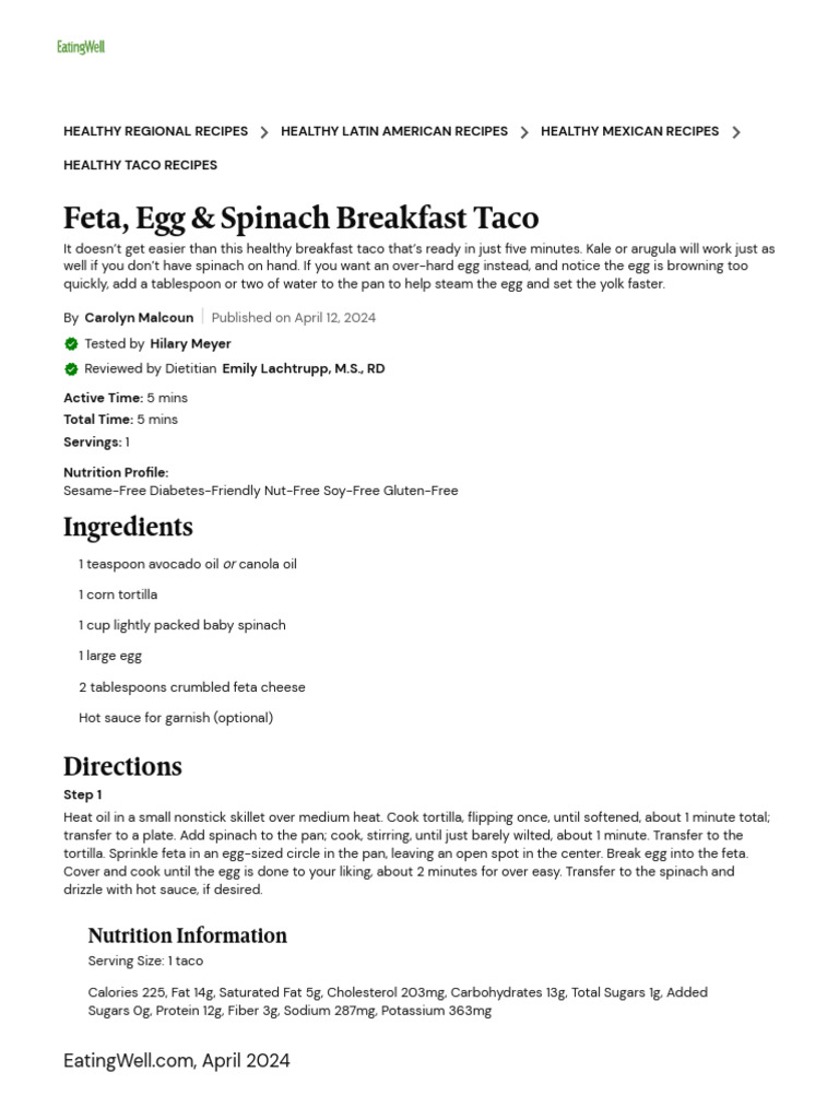 Feta Egg Spinach Breakfast Taco 8608285 Print | PDF