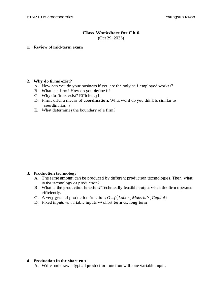 Microeconomics Class Worksheet: Ch 6 | PDF